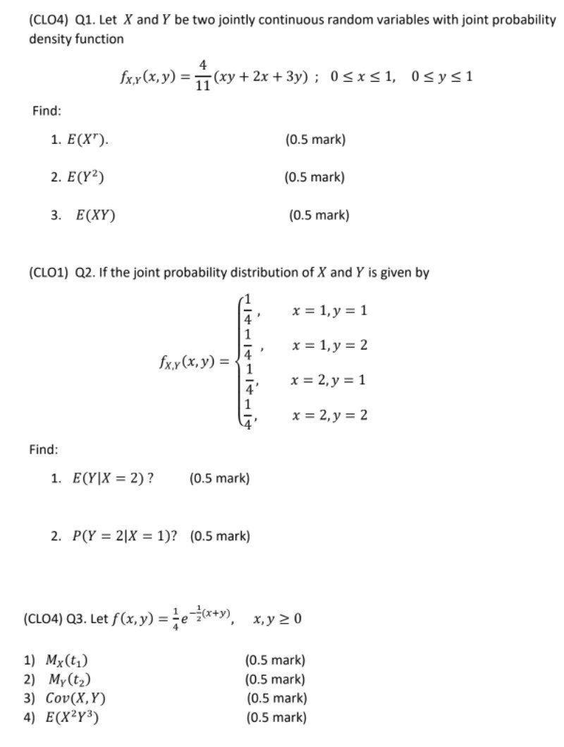 Solved (CLO4) Q1. Let X and Y be two jointly continuous | Chegg.com