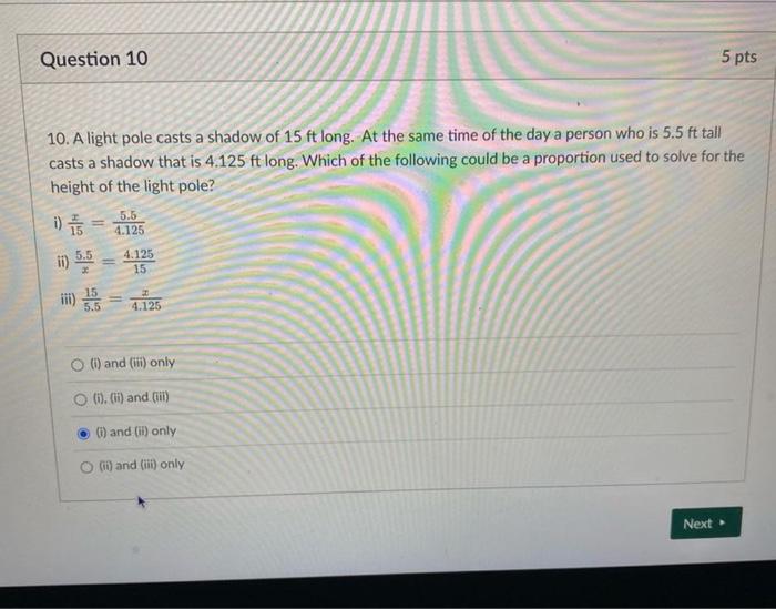 Solved Question 10 5 pts 10. A light pole casts a shadow of | Chegg.com