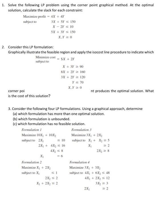 Solved 1. Solve the following LP problem using the corner | Chegg.com