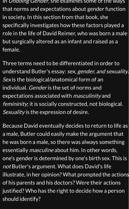 Judith Butler is a well known gender theorist. In | Chegg.com