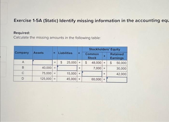 Solved Exercise 1-5A (Static) Identify missing information | Chegg.com