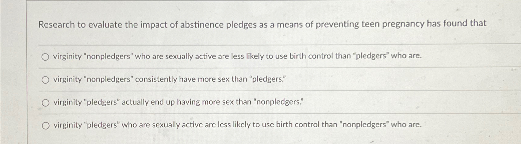 Solved Research to evaluate the impact of abstinence pledges | Chegg.com