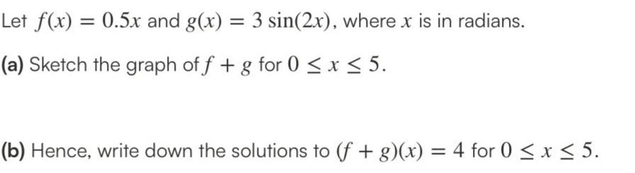 Solved Let f(x)=0.5x and g(x)=3sin(2x), where x is in | Chegg.com