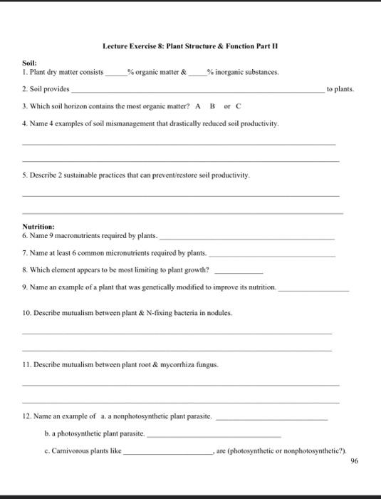 Solved Lecture Exercise 8: Plant Structure \& Function Part | Chegg.com