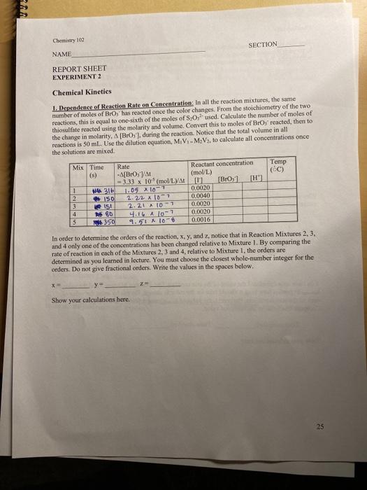 RAM Chemistry 102 SECTION NAME REPORT SHEET | Chegg.com