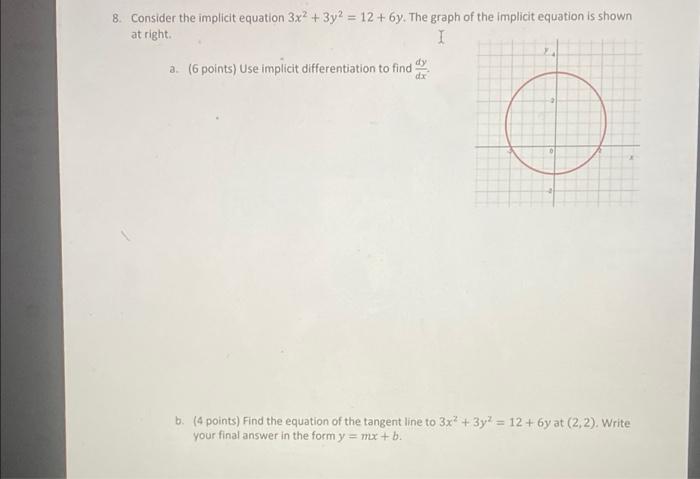Solved 8. Consider the implicit equation 3x2 + 3y2 = 12 + | Chegg.com