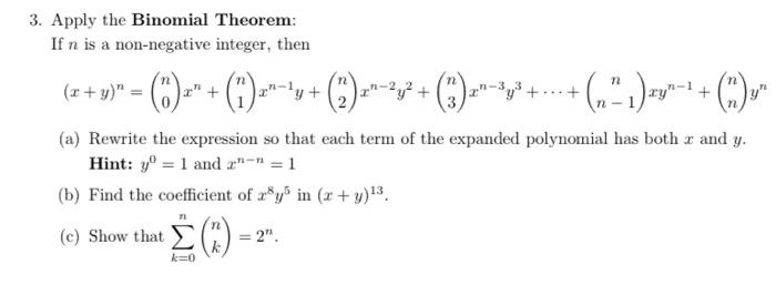 Solved 3. Apply the Binomial Theorem: If n is a non-negative | Chegg.com