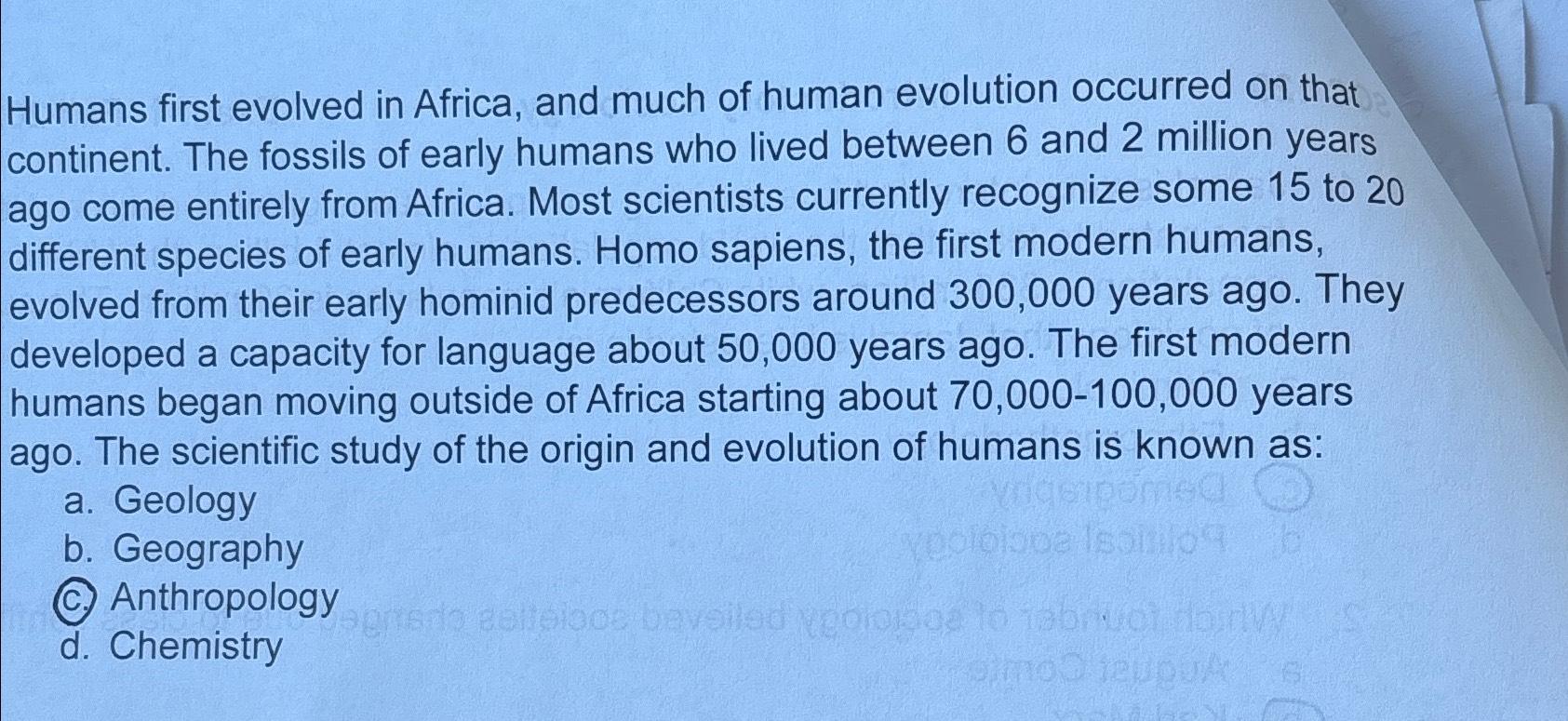 Solved Humans first evolved in Africa, and much of human | Chegg.com