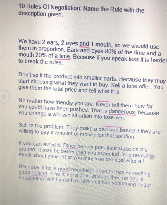 10 Rules Of Negotiation: Name the Rule with the | Chegg.com