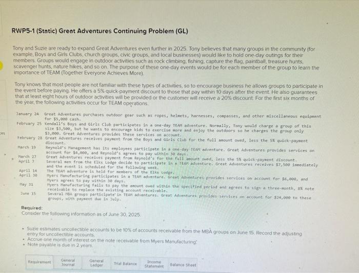 Solved RWP5-1 (Static) Great Adventures Continuing Problem | Chegg.com