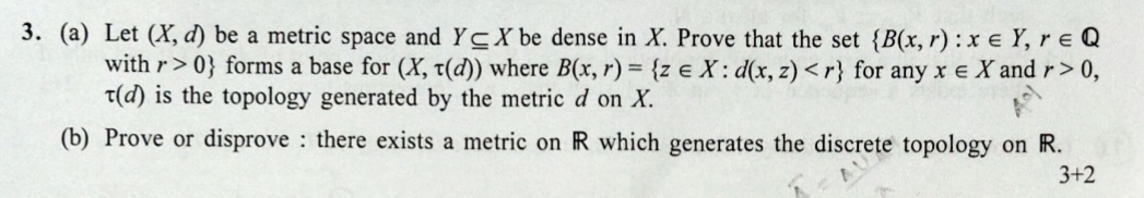Solved (a) ﻿Let (x,d) ﻿be a metric space and Ysubex be dense | Chegg.com