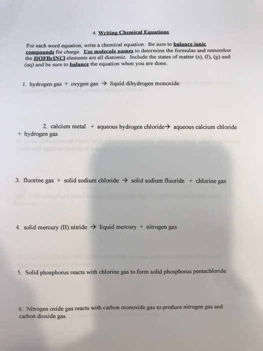 Solved 4. Writing Chemical Equations For each word equation, | Chegg.com