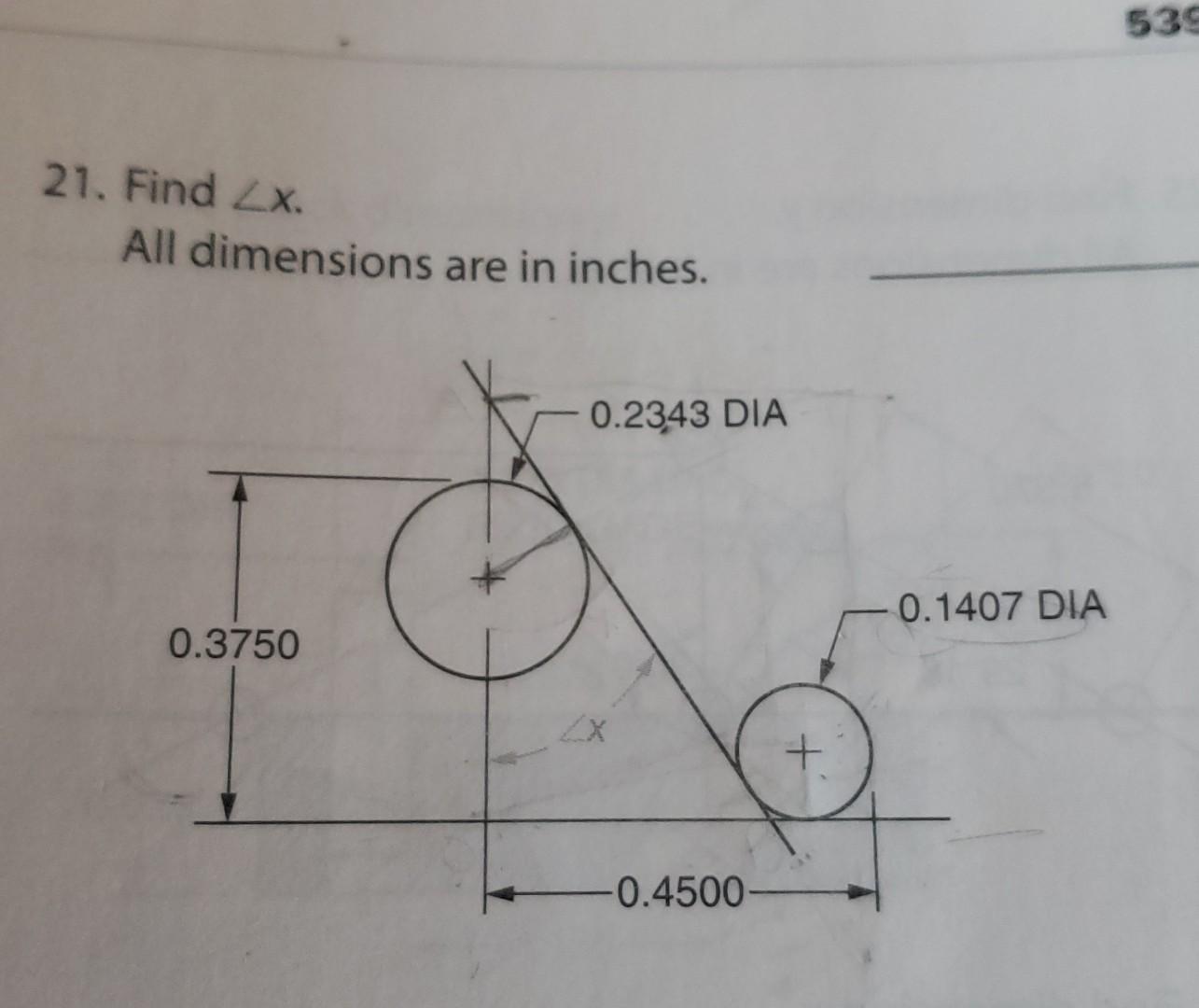 Solved 535 21. Find X. All dimensions are in inches. 0.2343 | Chegg.com