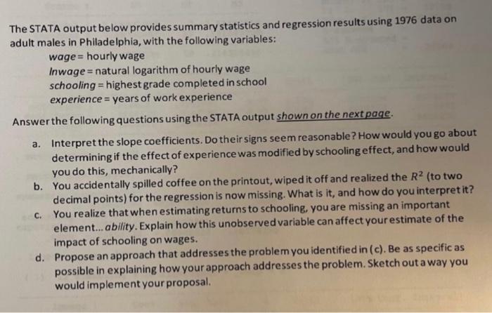 The STATA output below provides summary statistics | Chegg.com