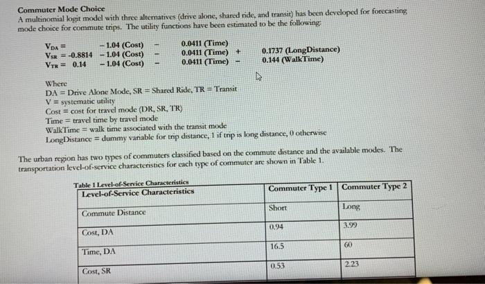 Commuter Mode Choice A multinomial logit model with | Chegg.com