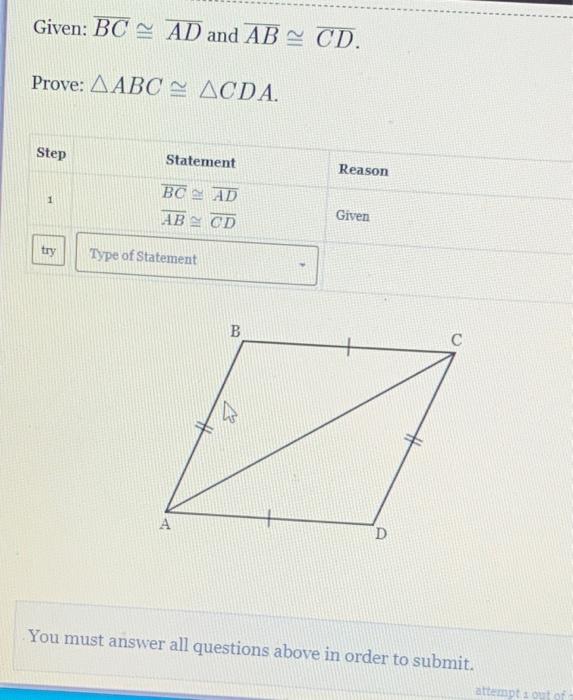 Solved Given: BC = AD and ABCD. Prove: AABC – ACDA. Step | Chegg.com