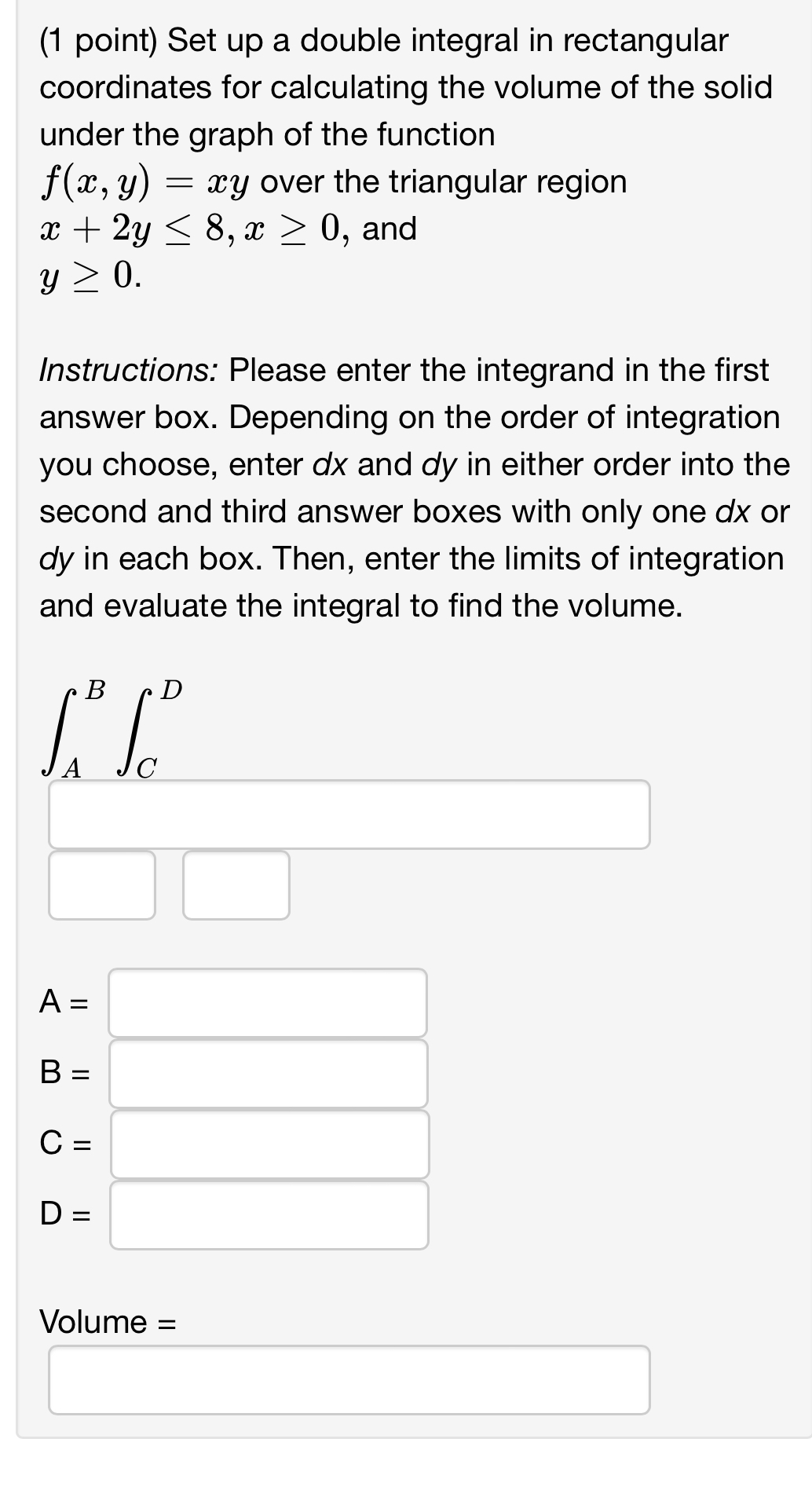 Solved (1 ﻿point) ﻿Set up a double integral in | Chegg.com