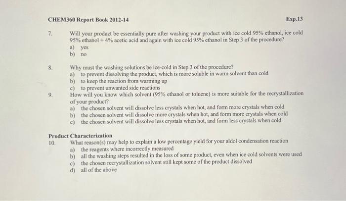 Solved CHEM360 Report Book 2012-14 Exp.13 CHEM360 Experiment | Chegg.com