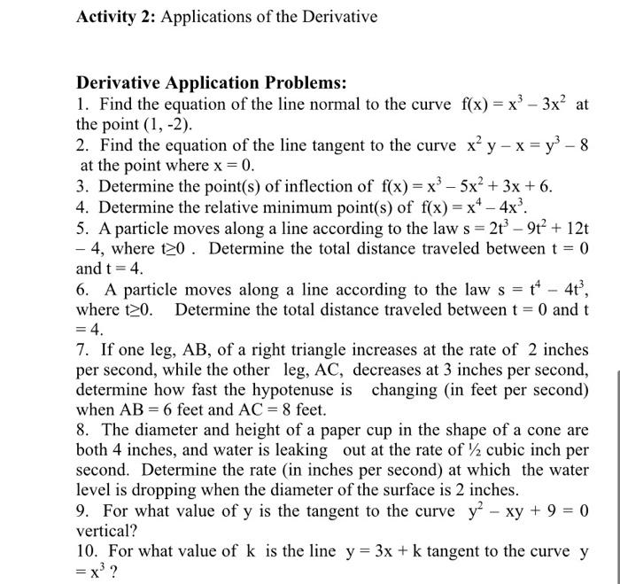 Solved Activity 2: Applications of the Derivative Derivative | Chegg.com