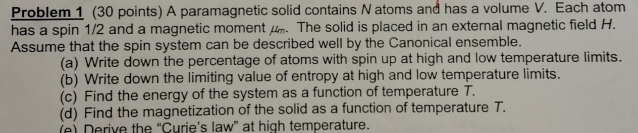 Solved Problem 1 ( 30 ﻿points) ﻿A paramagnetic solid | Chegg.com