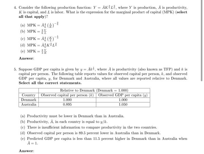 Solved 4. Consider the following production function: | Chegg.com