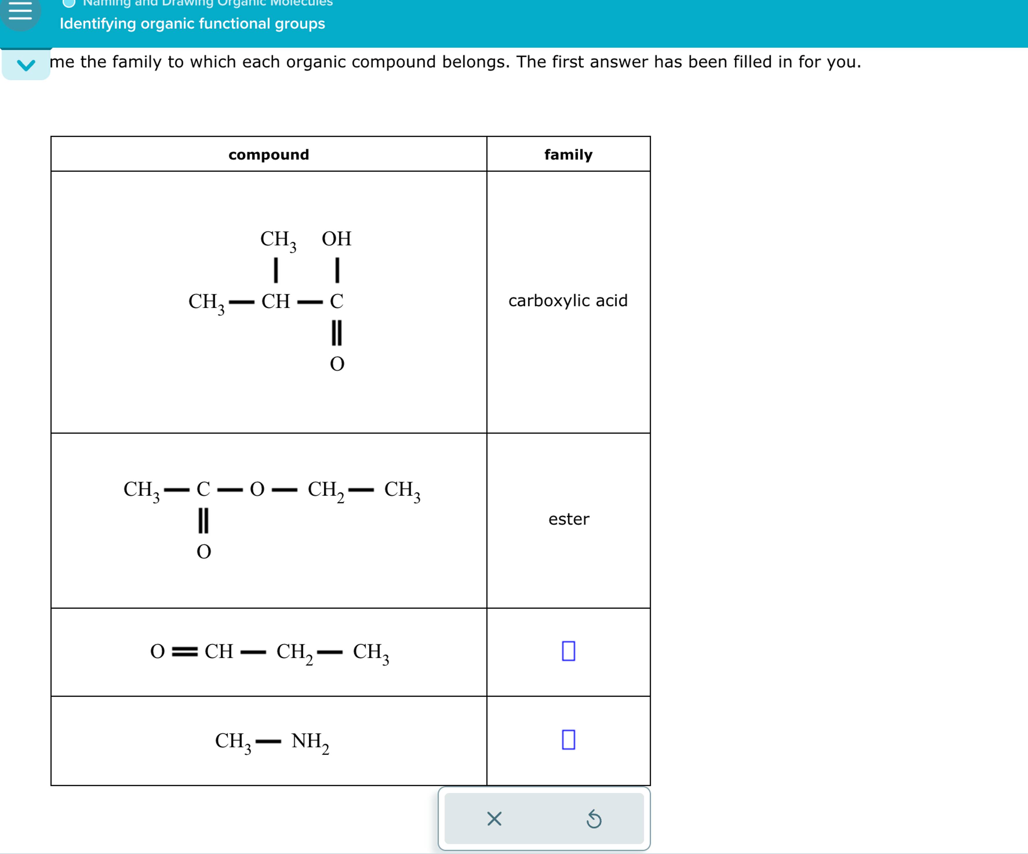 Solved Identifying organic functional groupsme the family to | Chegg.com