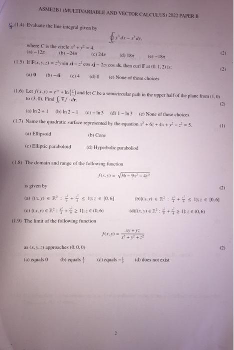 Solved ASMESBI (MULTIVARIABLE AND VECTOR CALCULUSI 2O2I | Chegg.com