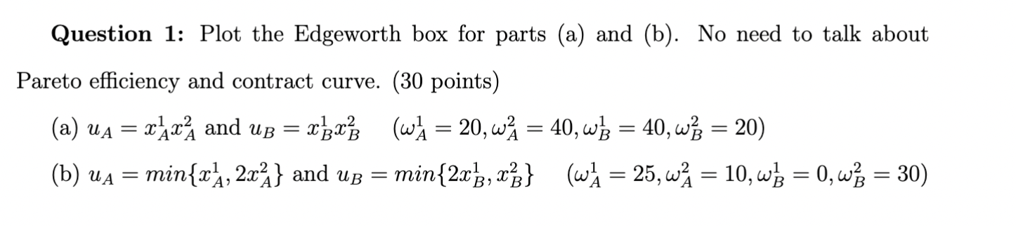 Solved by an EXPERT Question 1: Plot the Edgeworth box for parts (a) ﻿and | Chegg.com