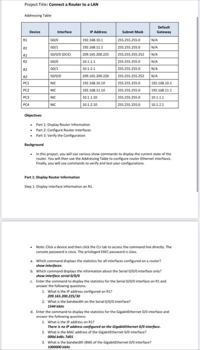 Solved Project Title: Connect a Router to a LAN Addressing | Chegg.com