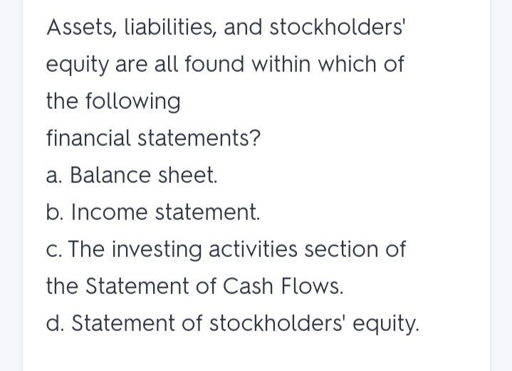 Solved Assets, liabilities, and stockholders' equity are all | Chegg.com