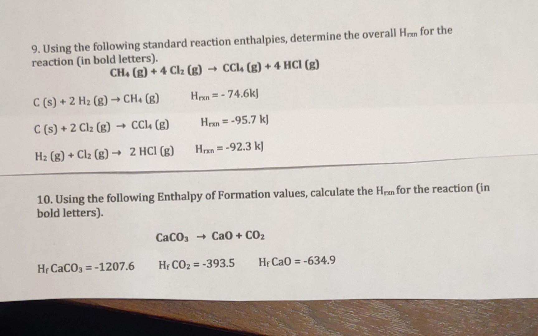 Solved 9. Using the following standard reaction enthalpies, | Chegg.com