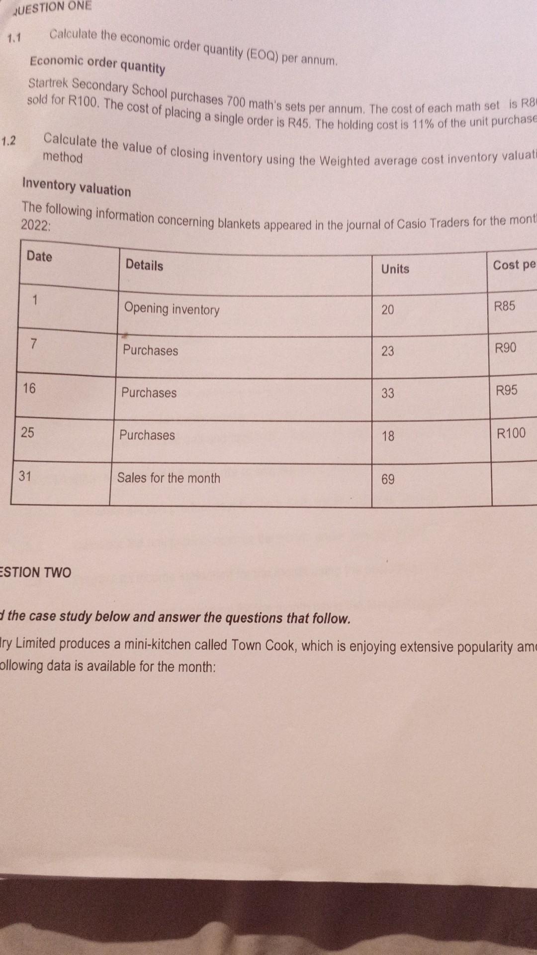 Solved 1.1Calculate the economic order quantity (EOQ) per | Chegg.com