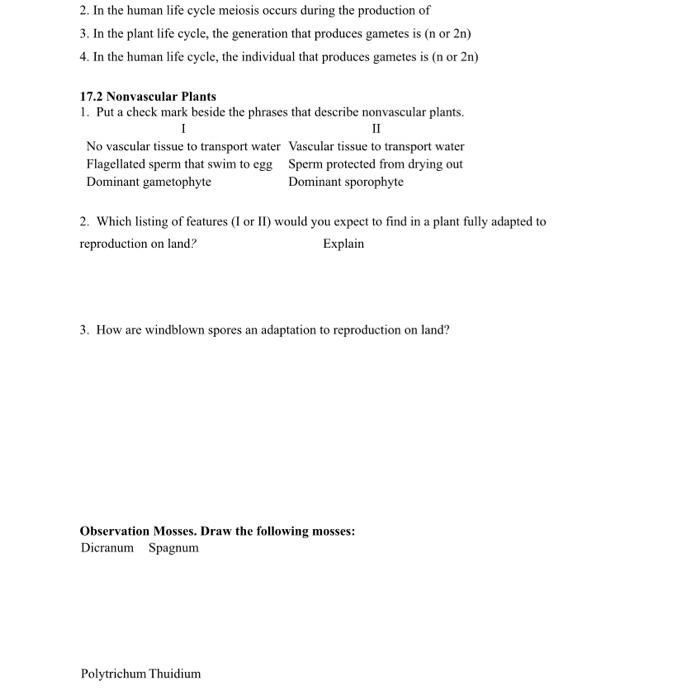 Solved QUESTIONS 17.1 Evolution and Diversity of Land Plants | Chegg.com