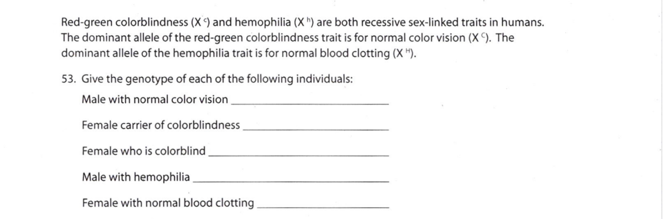 Solved Red-green colorblindness (xc) ﻿and hemophilia (xh) | Chegg.com