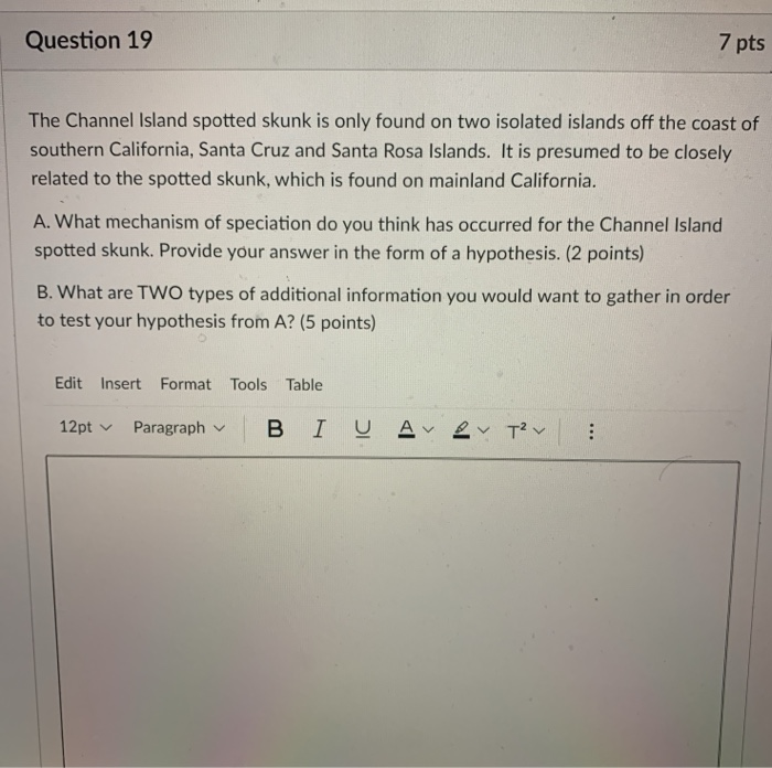 Question 19 7 pts The Channel Island spotted skunk is | Chegg.com