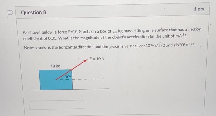 Solved 1 pts D Question 8 As shown below, a force F-10 N | Chegg.com