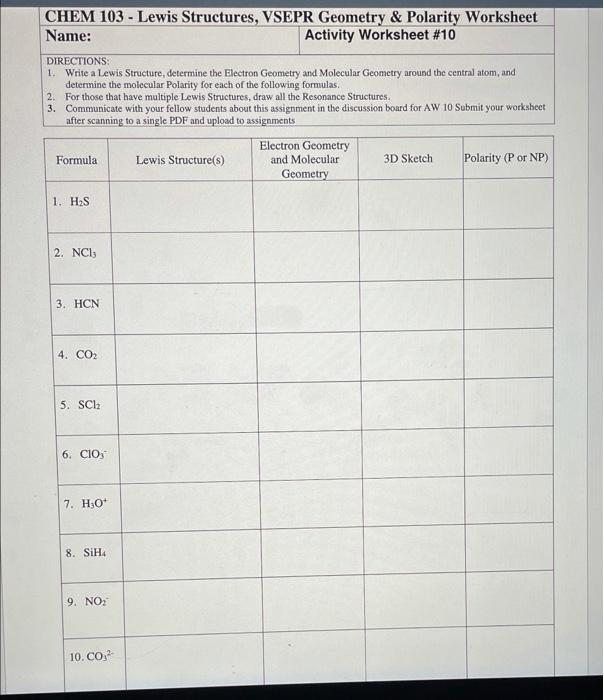 Solved - CHEM 103 - Lewis Structures, VSEPR Geometry & | Chegg.com