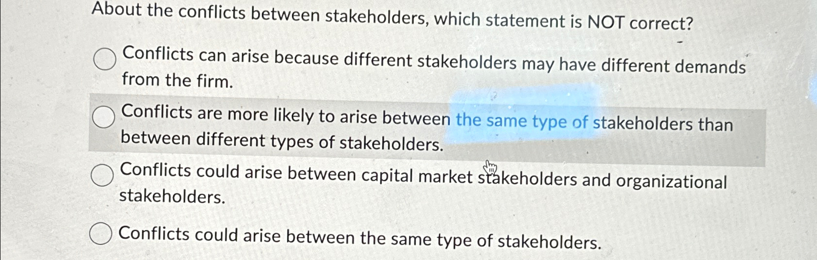 Solved About the conflicts between stakeholders, which | Chegg.com