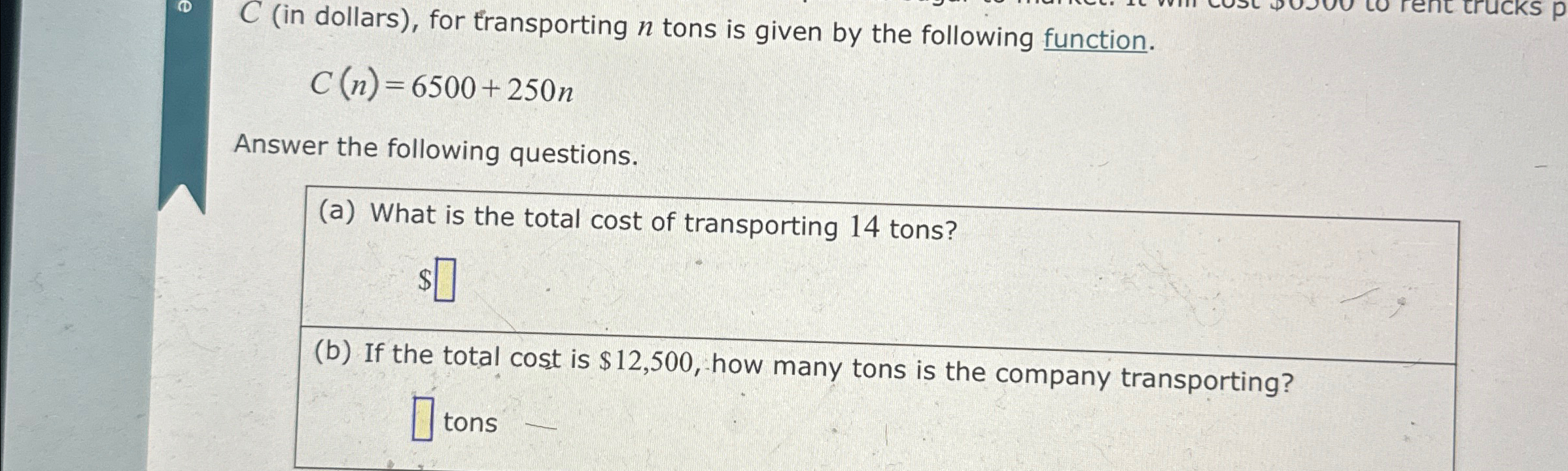 Solved C (in dollars), ﻿for transporting n ﻿tons is given by | Chegg.com