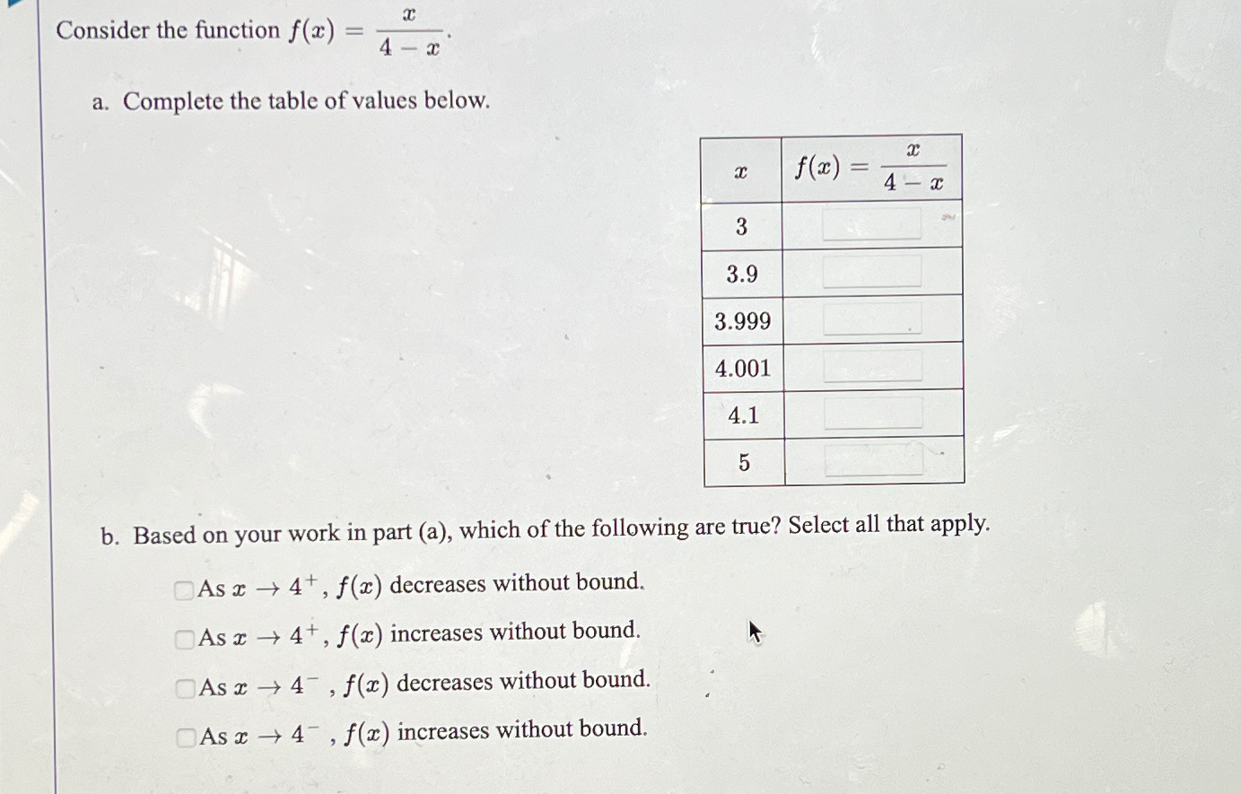 Solved Consider the function f(x)=x4-x.a. ﻿Complete the | Chegg.com