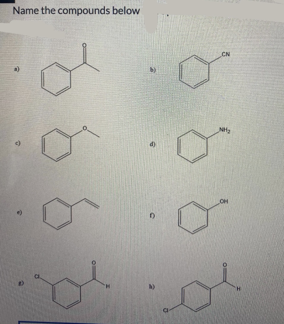 Solved Name the compounds belowa)b)c)d)e)f)g)h) | Chegg.com