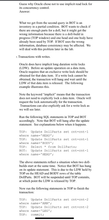 1. Preparation: Open two SQL*Plus windows. You need | Chegg.com