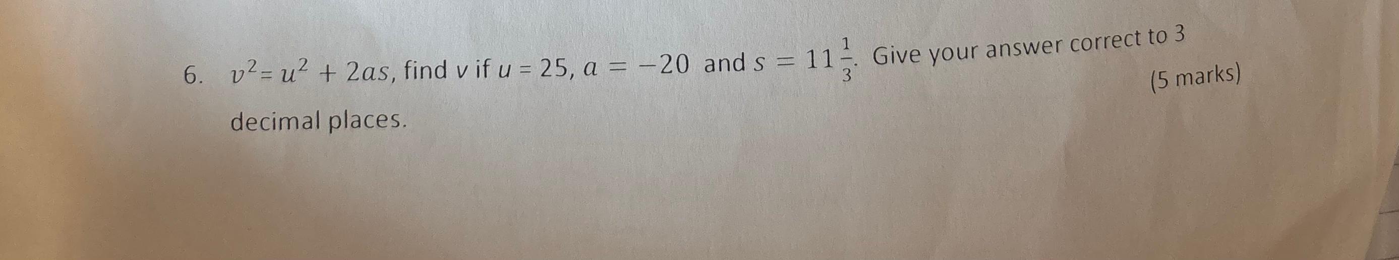 Solved v2=u2+2as, ﻿find v ﻿if u=25,a=-20 ﻿and s=1113. ﻿Give | Chegg.com