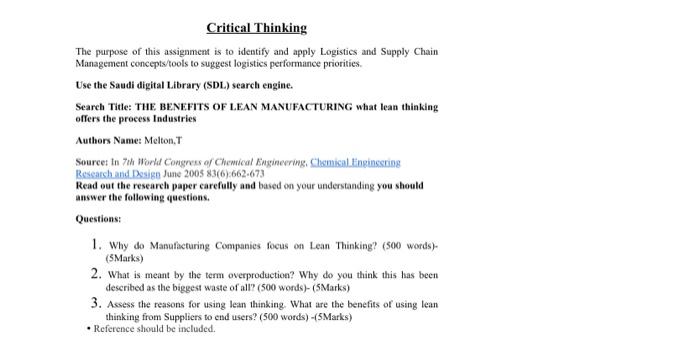 Solved Critical Thinking The parpose of this assignment is | Chegg.com