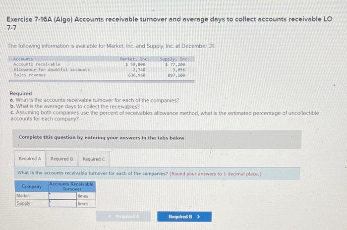 Solved Exercise 7-16A (Algo) Accounts receivable turnover | Chegg.com