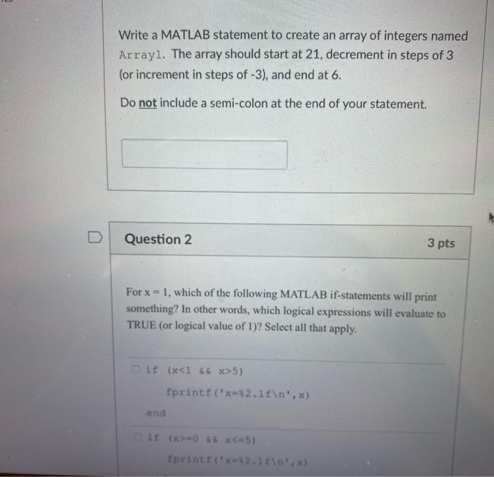 Solved Write a MATLAB statement to create an array of | Chegg.com