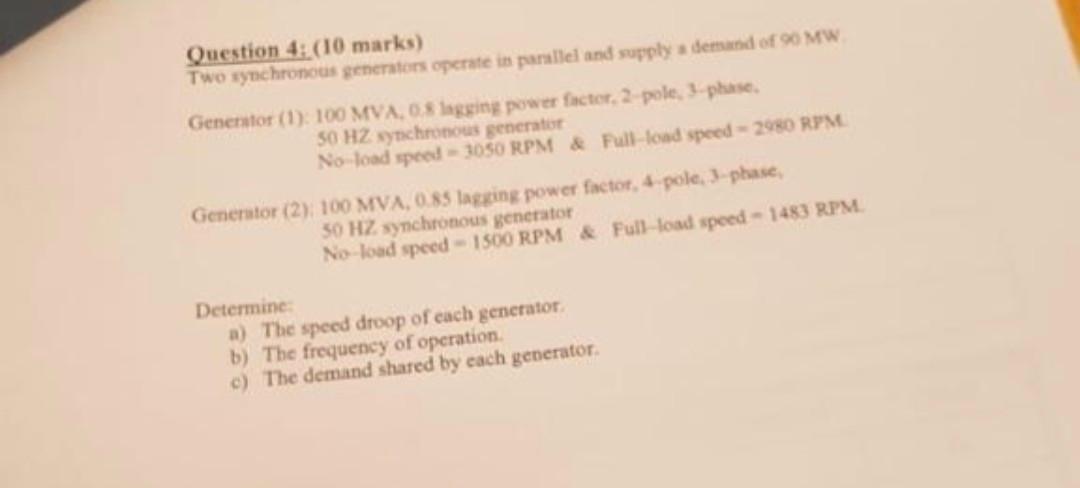 Solved Question 4: (10 marks) Two synchronous generators | Chegg.com
