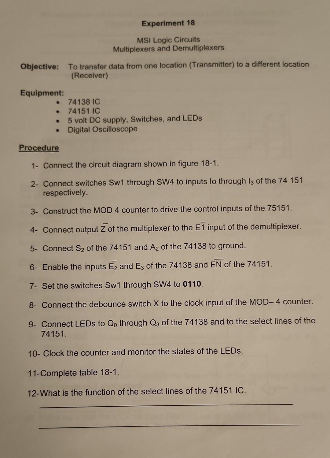 Experiment 18 MSI Logic Circuits Multiplexers and | Chegg.com