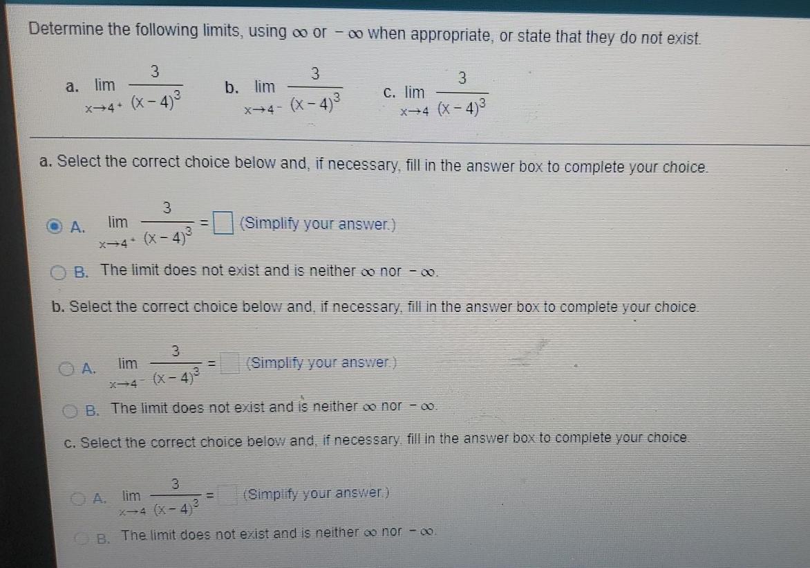 Solved Determine the following limits, using oor - oo when | Chegg.com