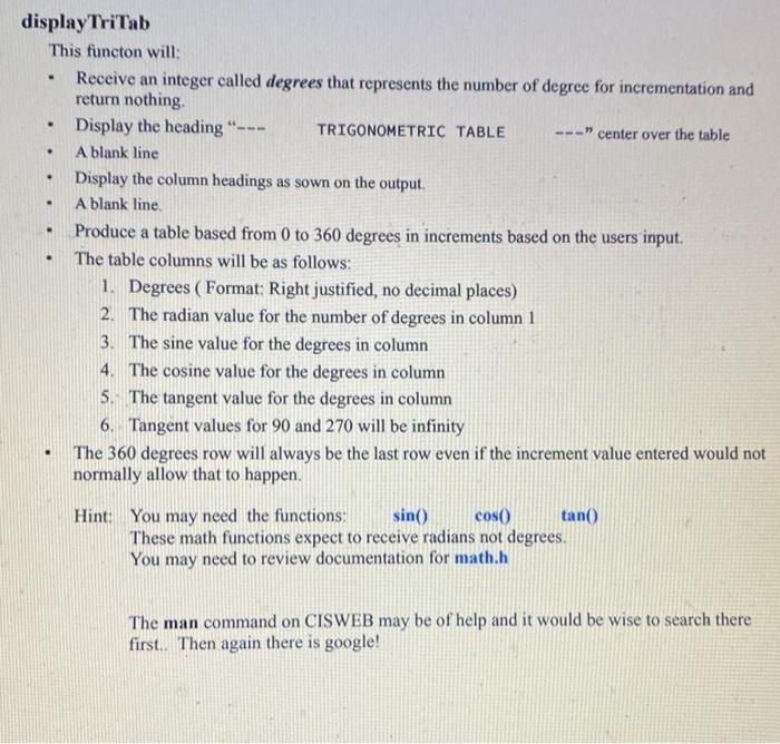 Solved Program Name Trig Table Description The Program Will